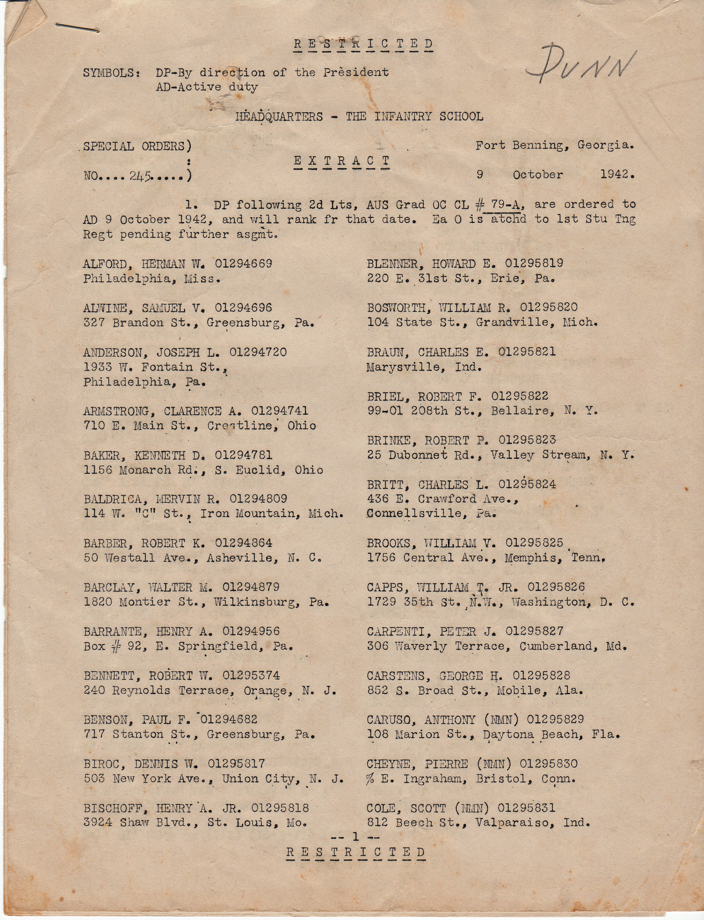 106th Infantry Division, Names Found on Orders - A-Z